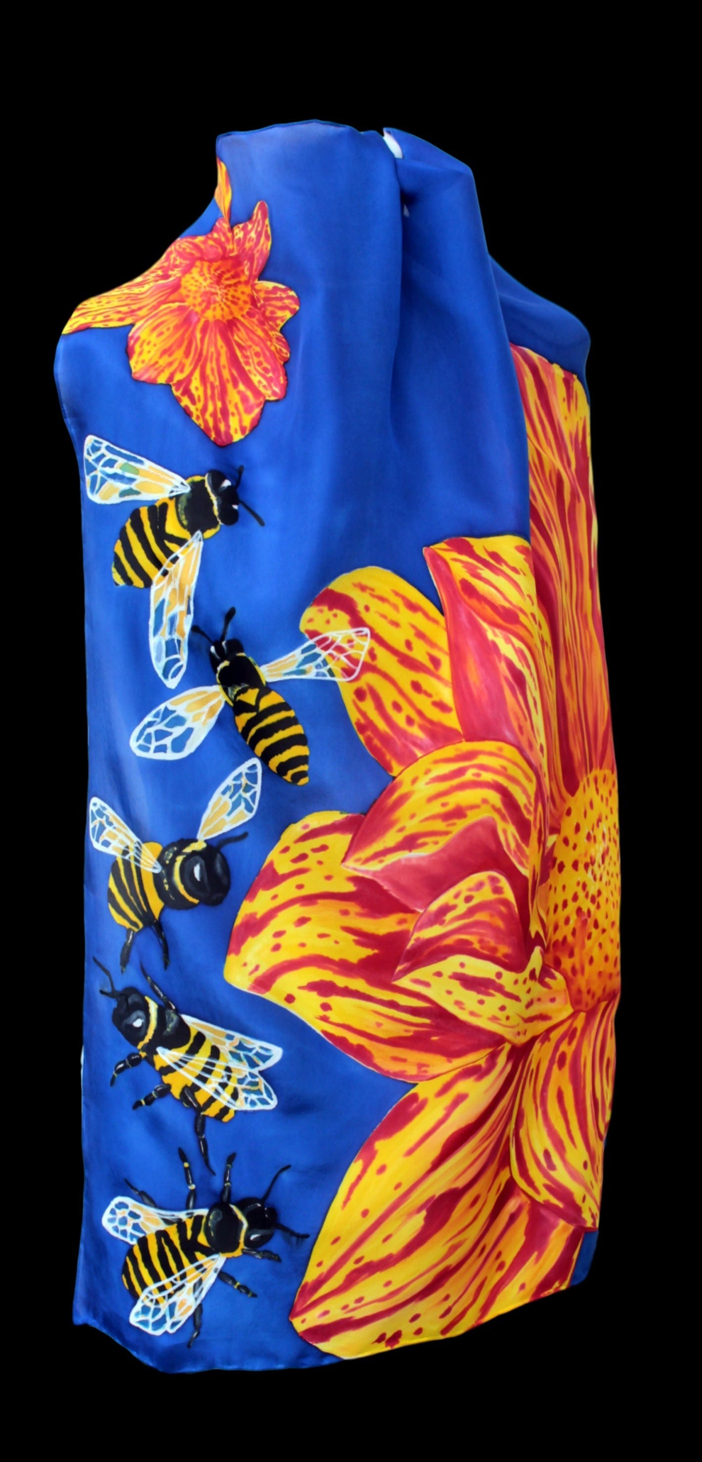 Original Hand Painted Silk Scarf, Bold Floral and Bee Art Wrap - Etsy