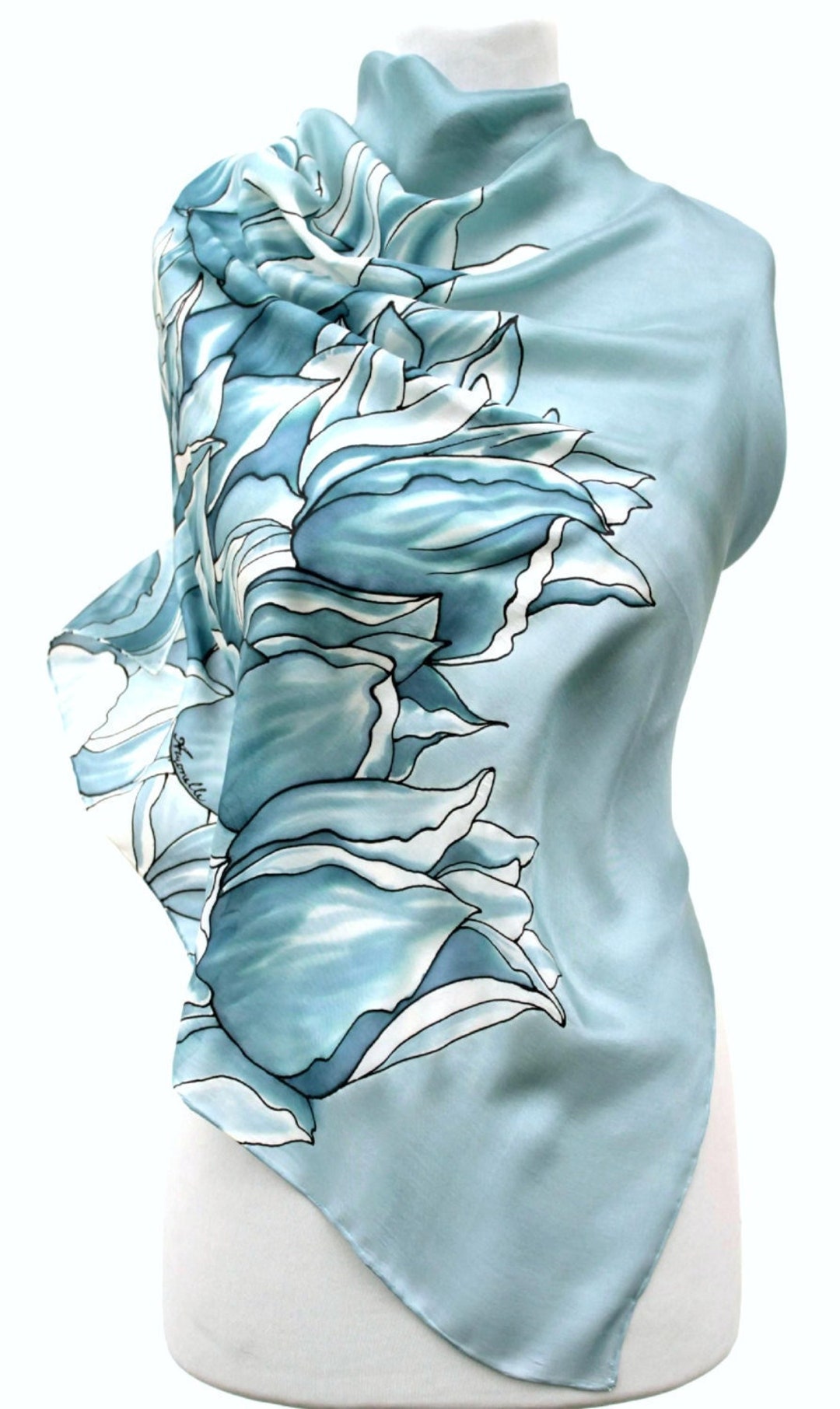 Blue Floral Silk Scarf – Hand Painted 100% Silk – Gray Base – Tulip ...