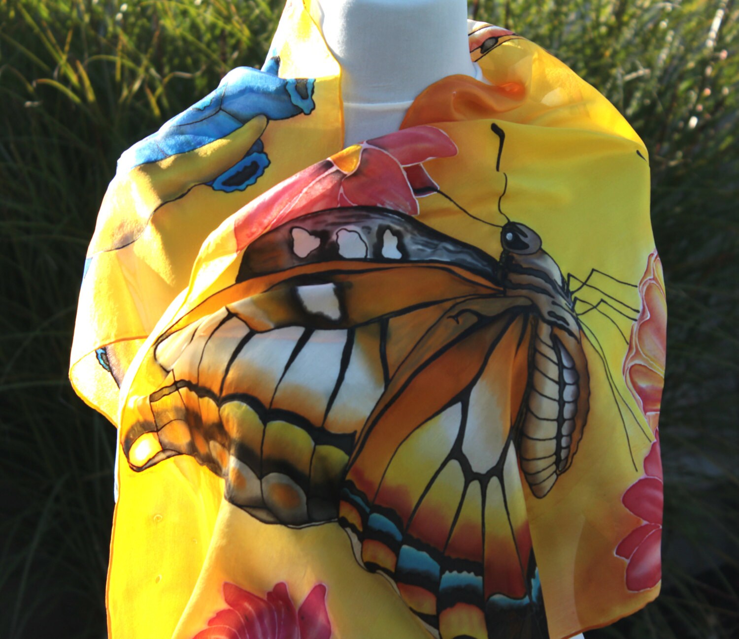 Hand-painted Butterfly Silk Scarf: Yellow Floral Habotai - Etsy