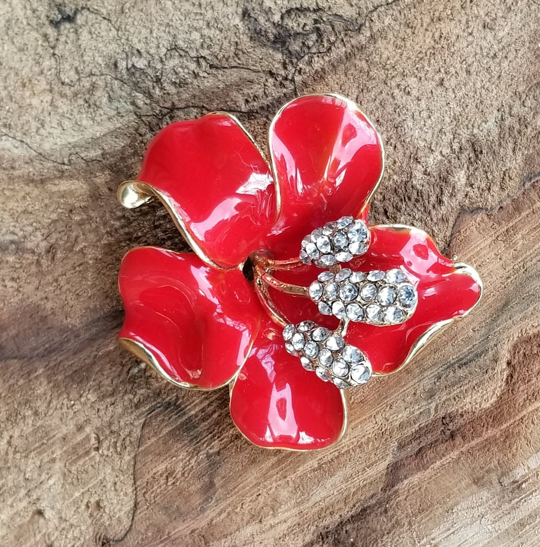 Joan Rivers Red Hibiscus Pin. Flower Pin. Floral Pin. Brooch. Goldtone ...