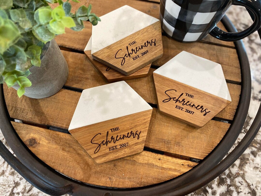 Set of 4 Custom Marble Wood Coasters | Personalized Gifts | New Home ...