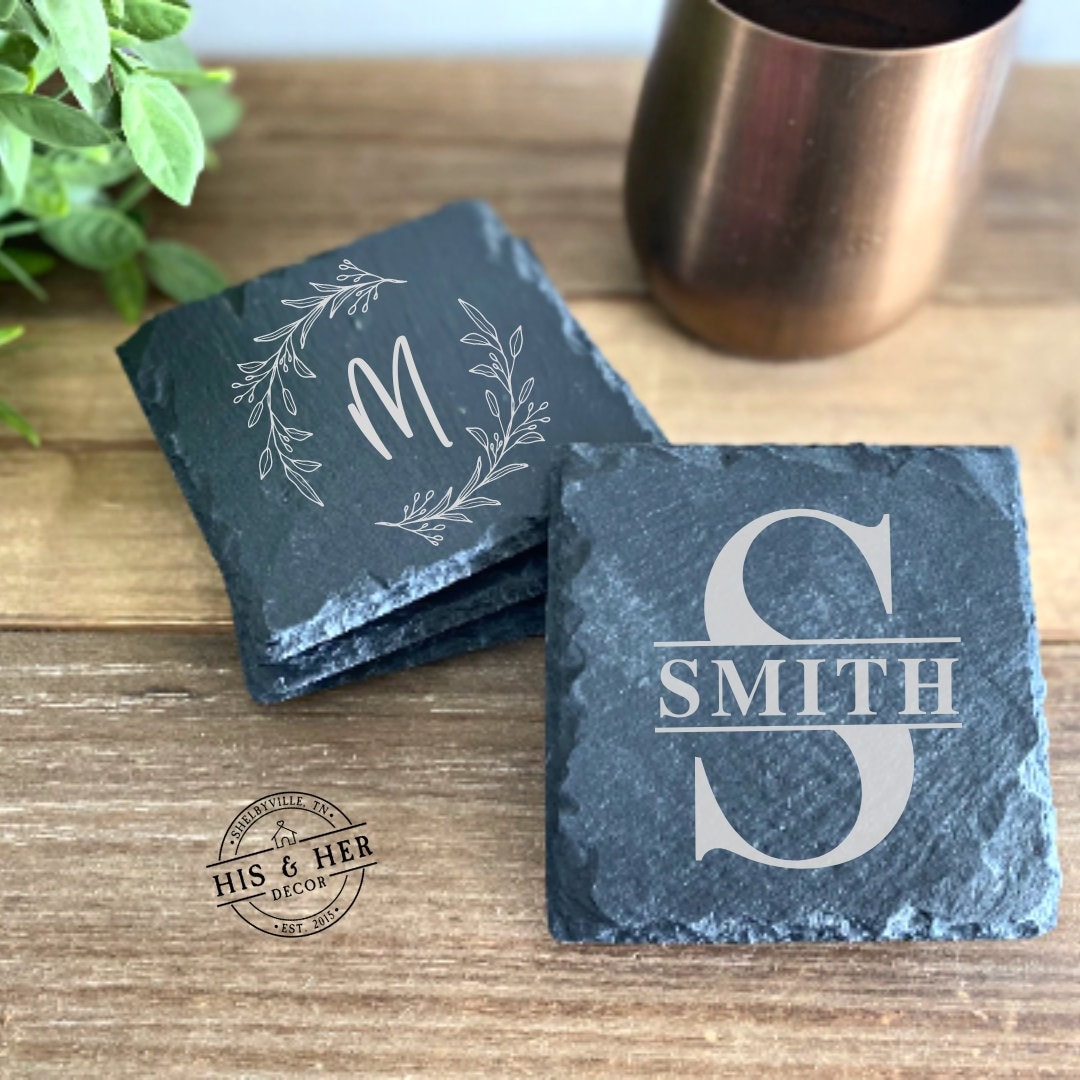 Set of 4 Slate Drink Coasters | Engraved Coasters | Custom Wedding Gift ...