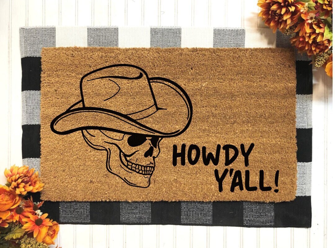 Howdy Skull Doormat | Skull Doormat | Halloween Decor | Cowboy Skull ...