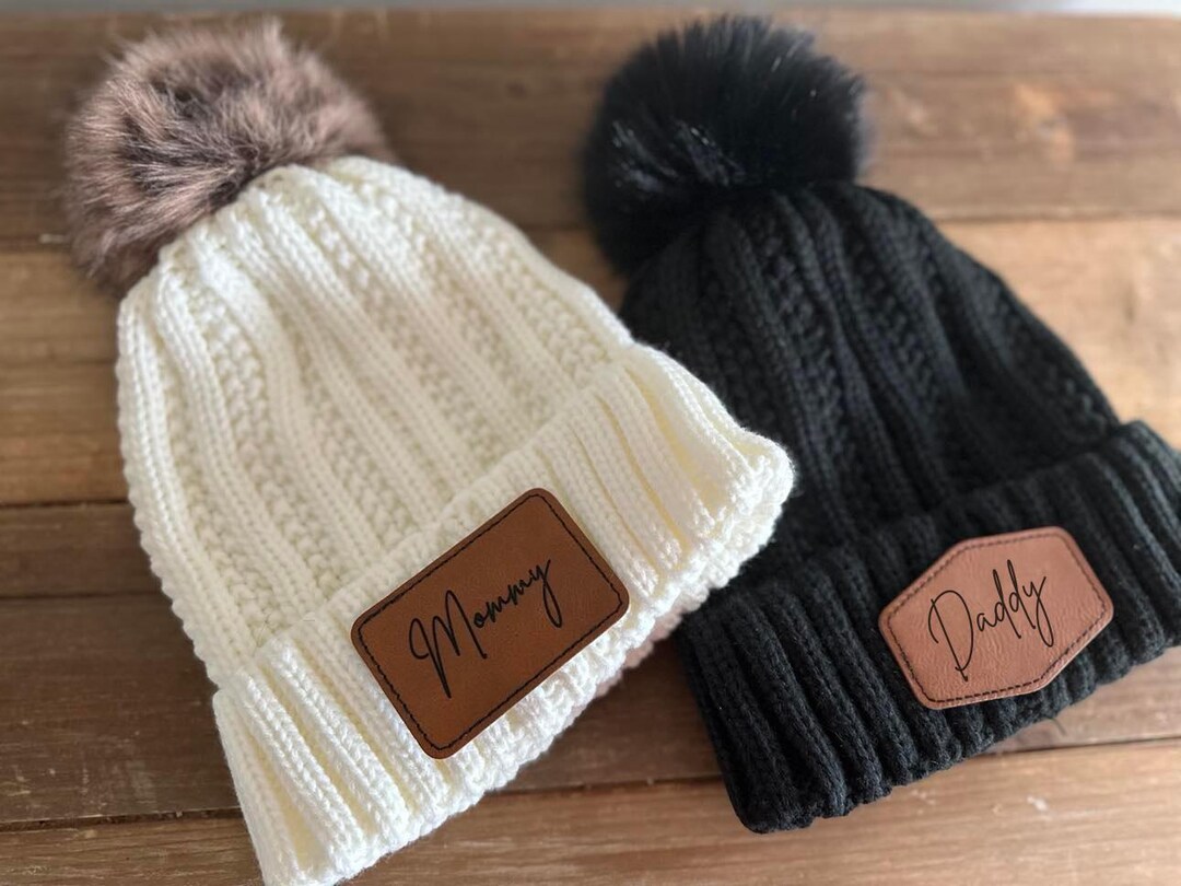 Mommy and Daddy Leather Patch Knit Beanies | Personalized Beanies ...
