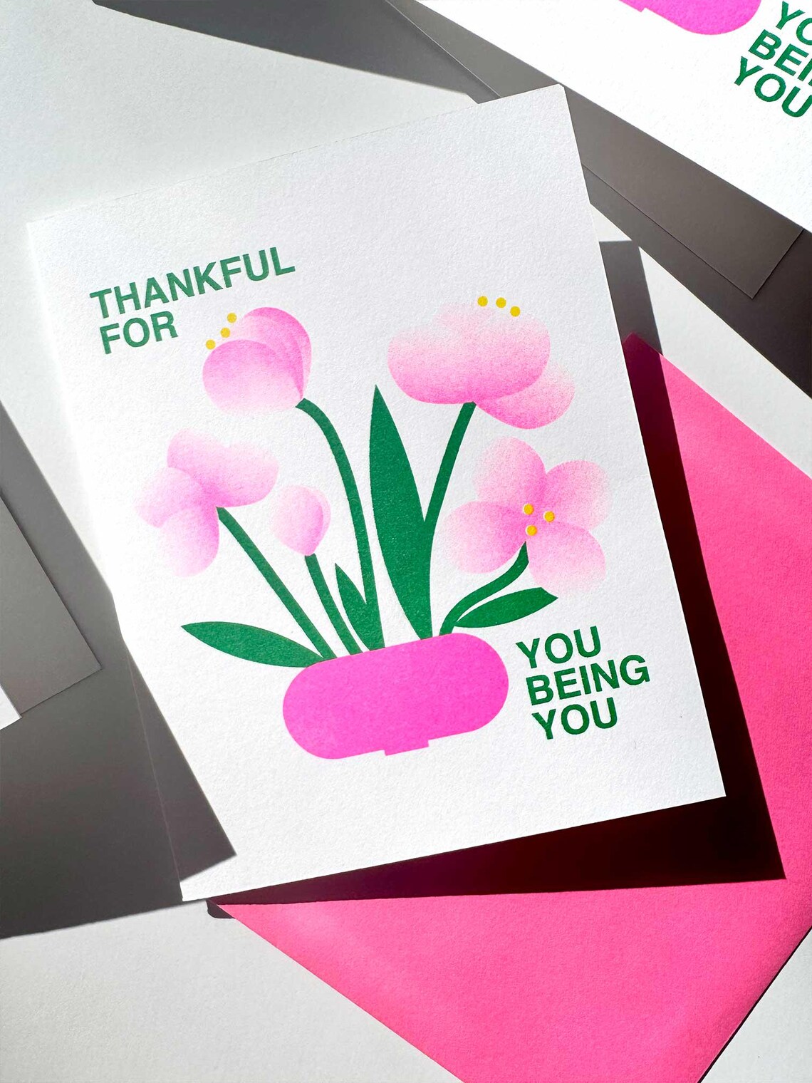 Thank You Greeting Card, Risograph Card in Fluorescent Pink & Green ...