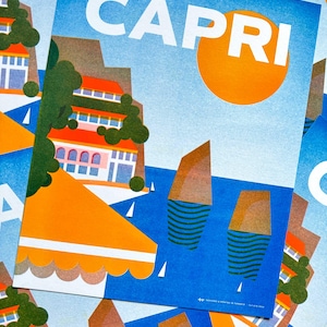 Coastal Capri Charm: Retro Graphic Risograph Poster of Cliffs and ...