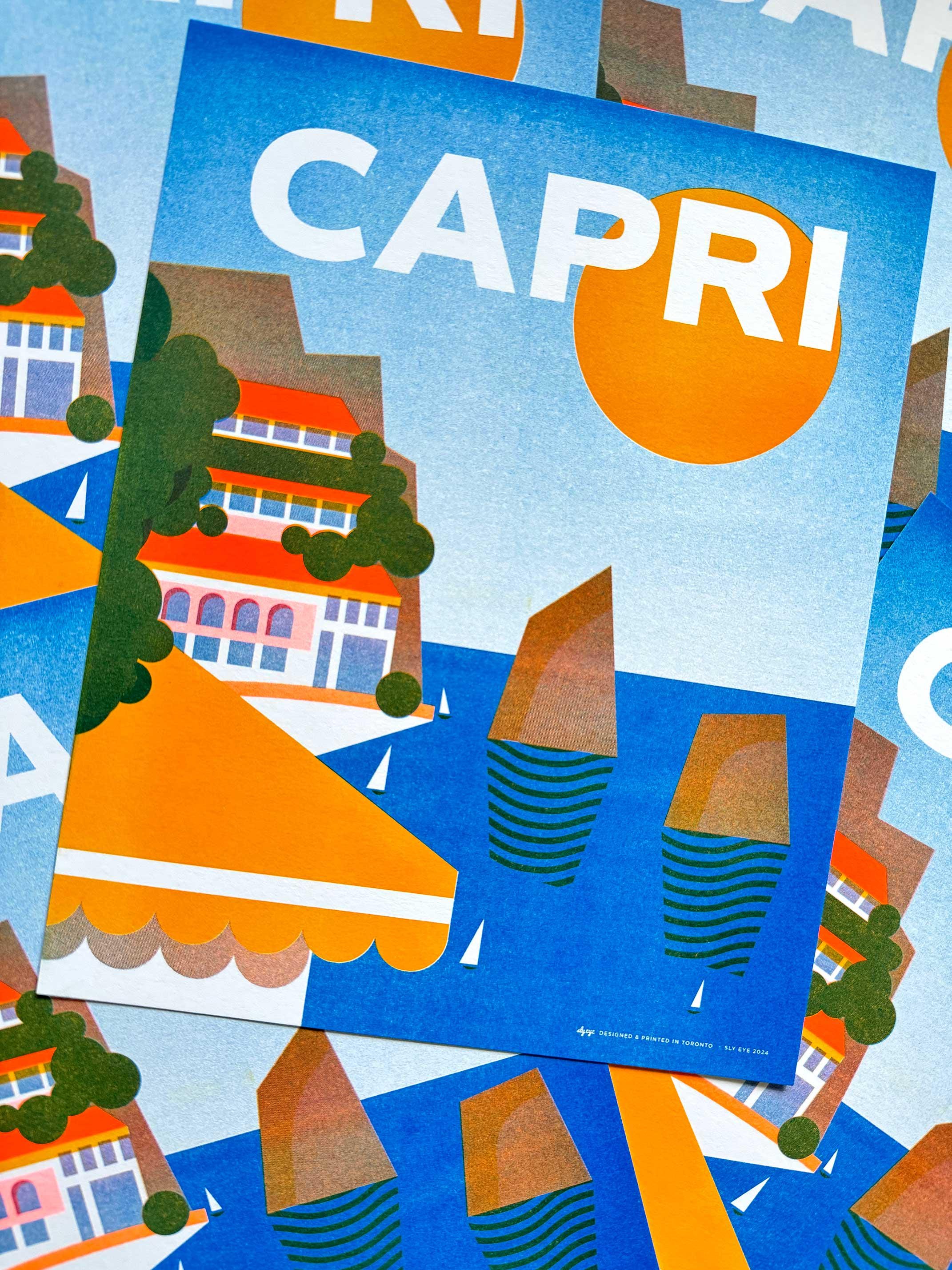 Coastal Capri Charm: Retro Graphic Risograph Poster of Cliffs and ...