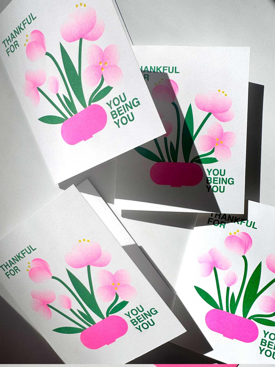 Thank You Greeting Card, Risograph Card in Fluorescent Pink & Green ...