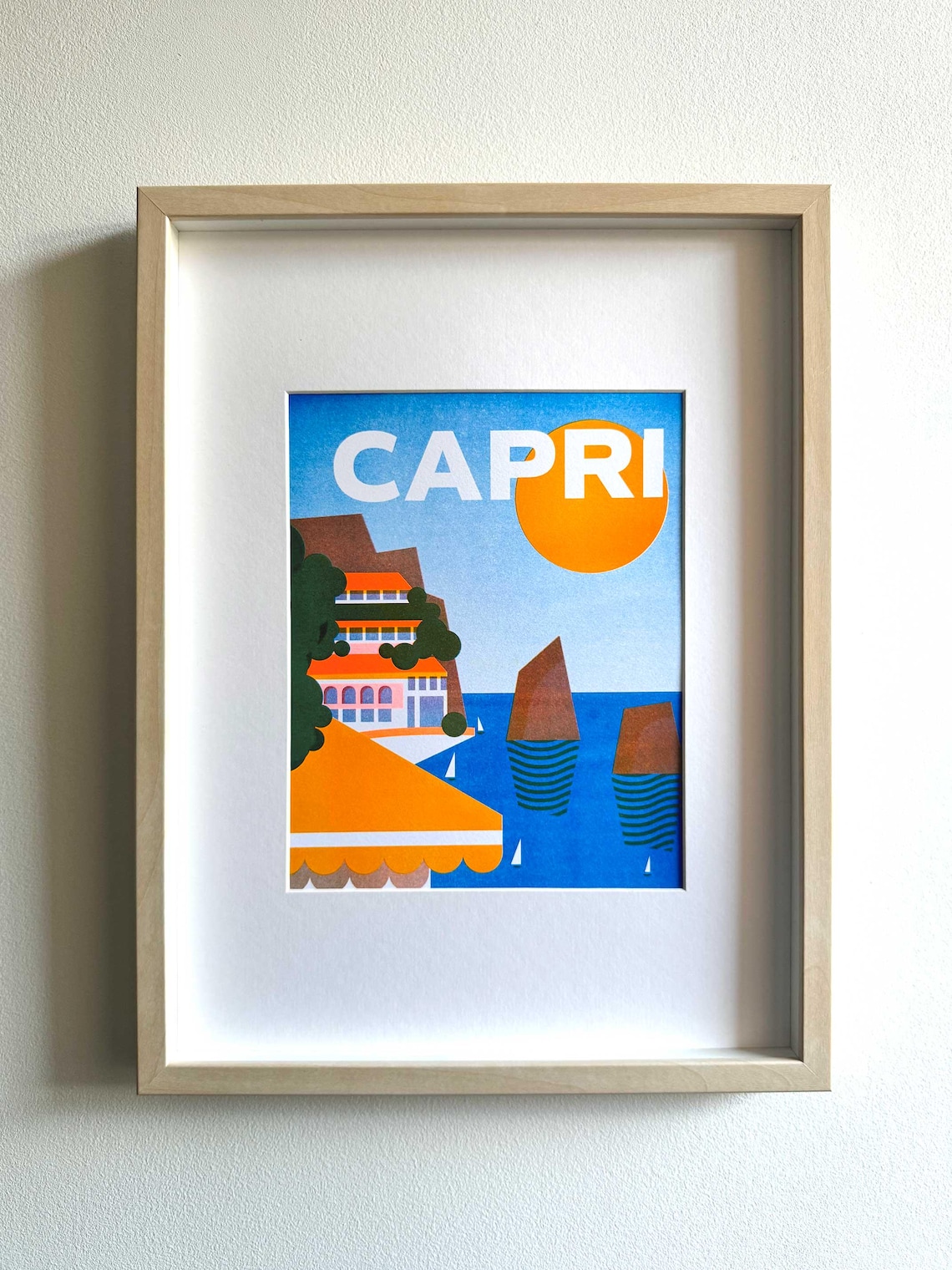 Coastal Capri Charm: Retro Graphic Risograph Poster of Cliffs and ...