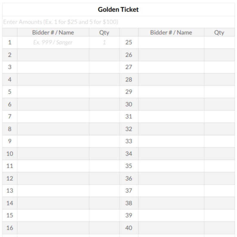 Golden Ticket Recording Sheet - Etsy