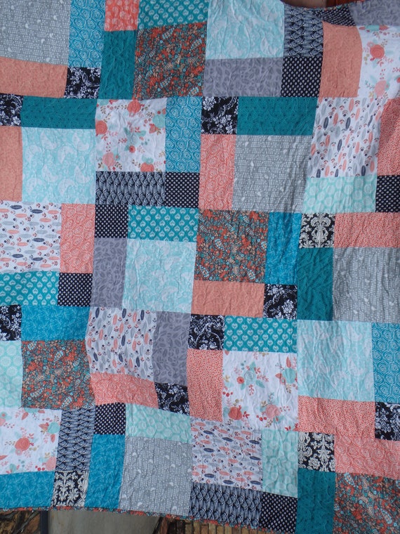 Modern Quilt Orange and Blue Quilt Twin Size Quilt Blue and | Etsy