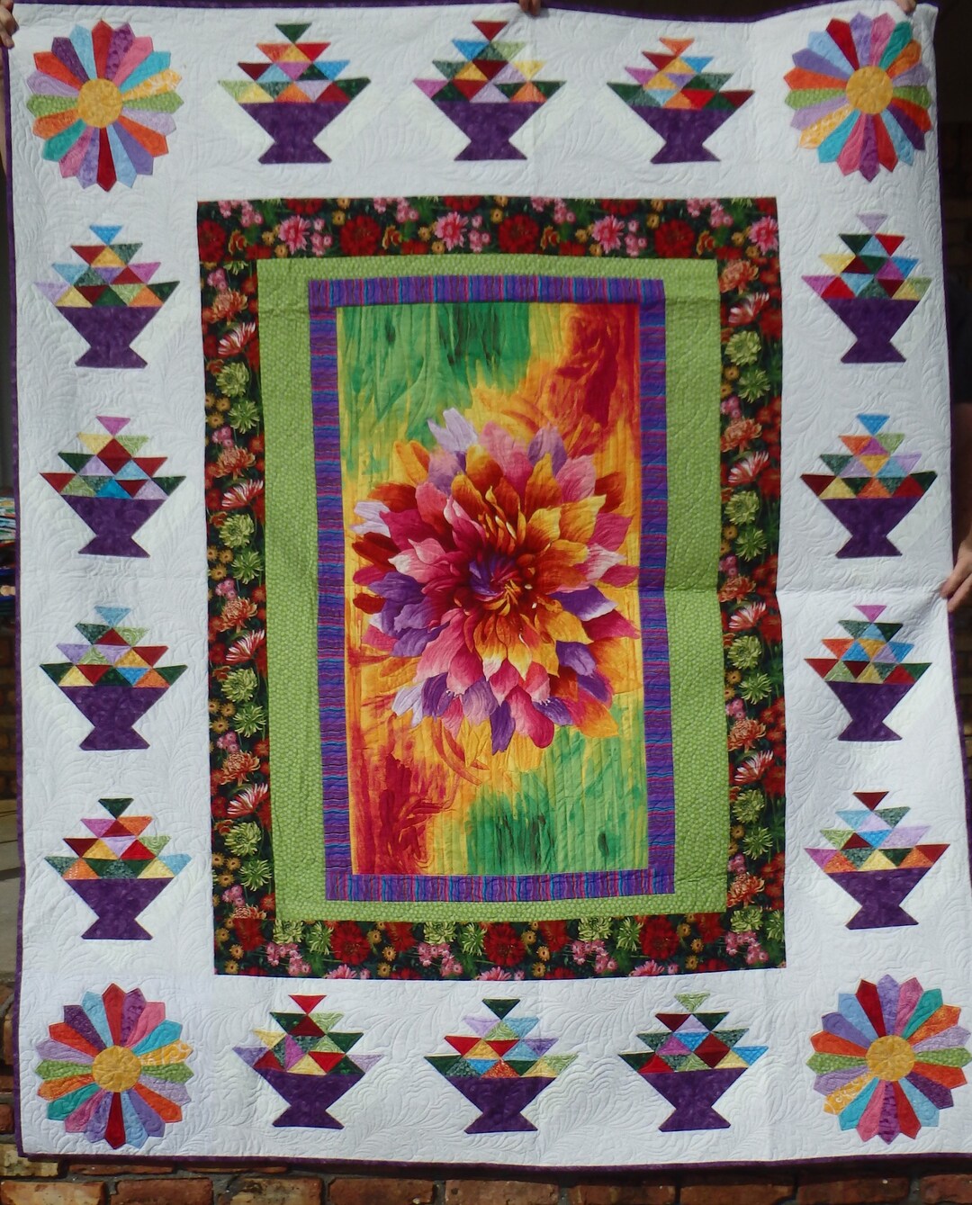 Queen Size Rainbow Flower Quilt, Full Size Flower Quilt, Flower Basket ...