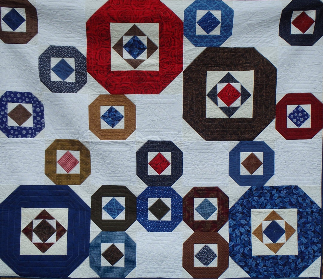 Modern Queen Size Red, Blue and Brown Quilt - Etsy