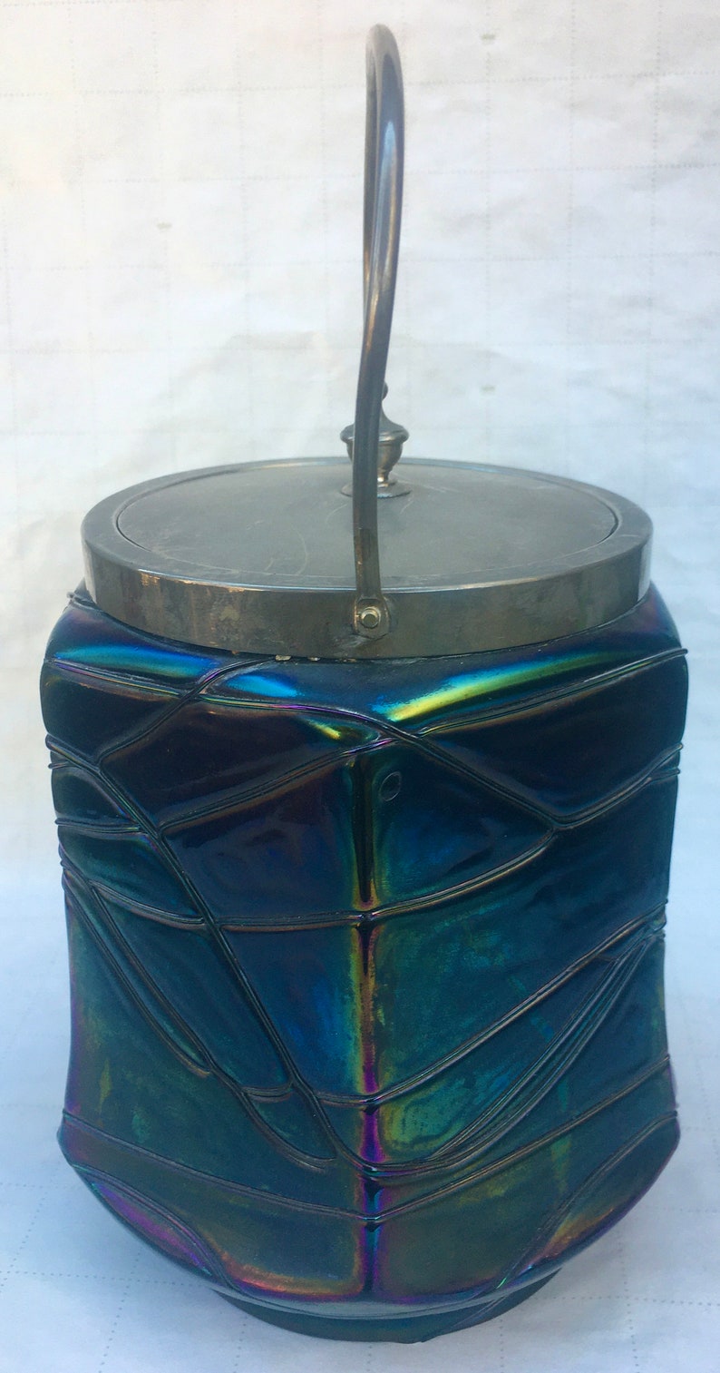 Antique Art Nouveau Loetz Kralik Blue Iridescent Art Glass Buiscut Jar ...