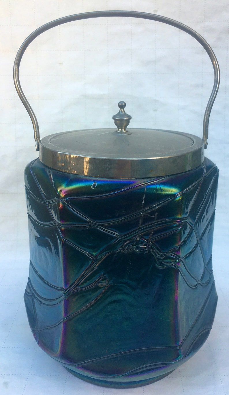 Antique Art Nouveau Loetz Kralik Blue Iridescent Art Glass Buiscut Jar ...