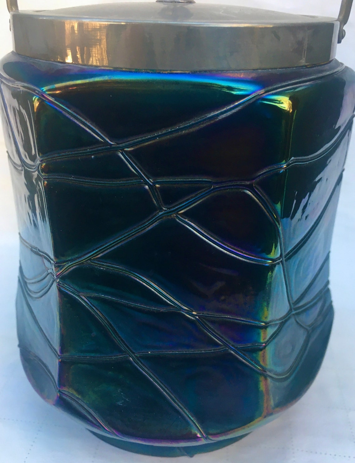 Antique Art Nouveau Loetz Kralik Blue Iridescent Art Glass Buiscut Jar ...