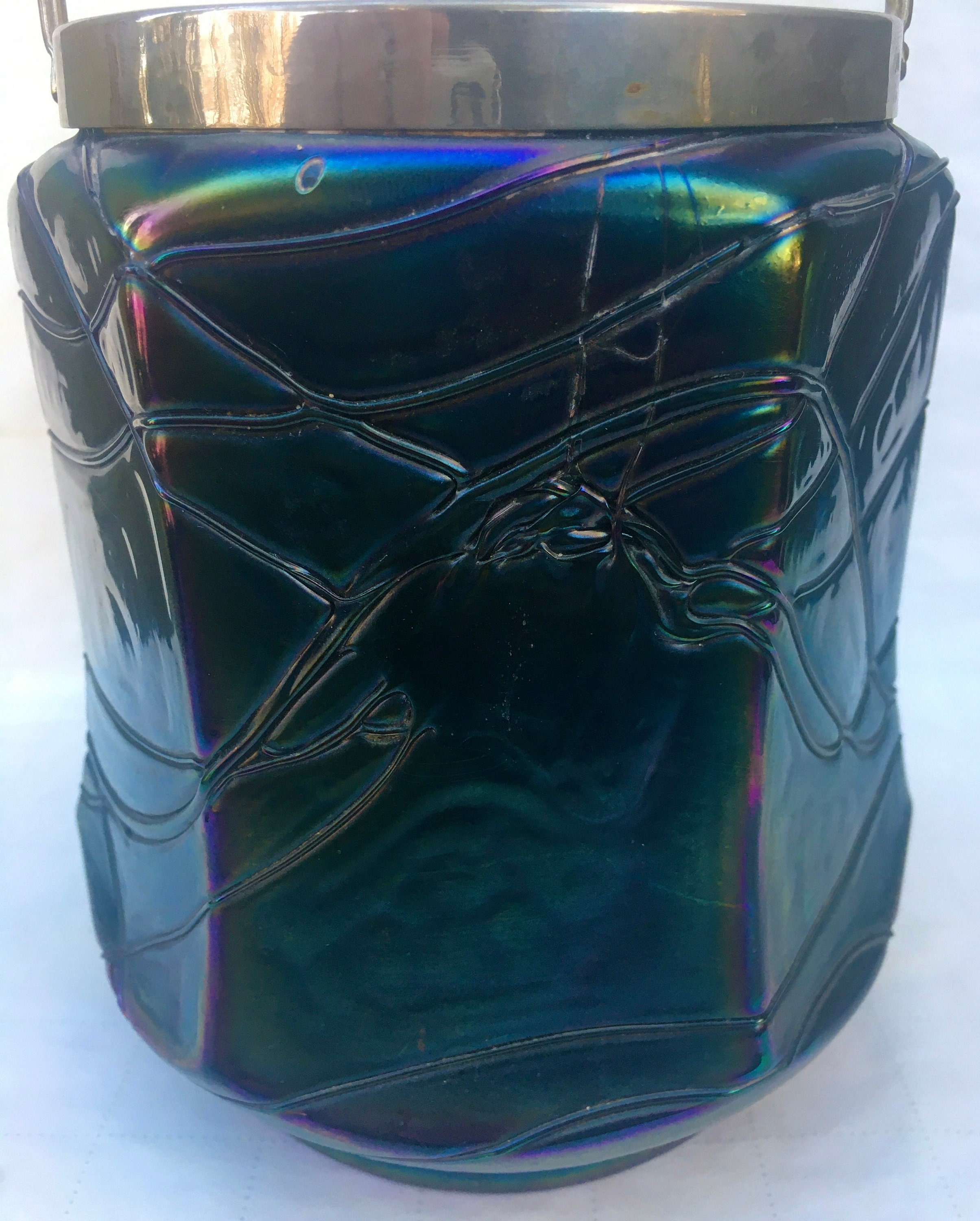 Antique Art Nouveau Loetz Kralik Blue Iridescent Art Glass Buiscut Jar ...