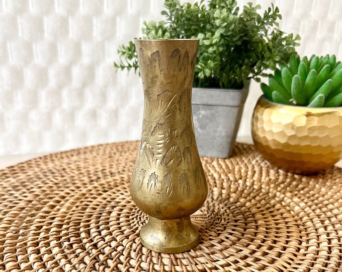 Vintage Indian Etched Brass Vase, Indian Floral Vase | Etched Brass ...