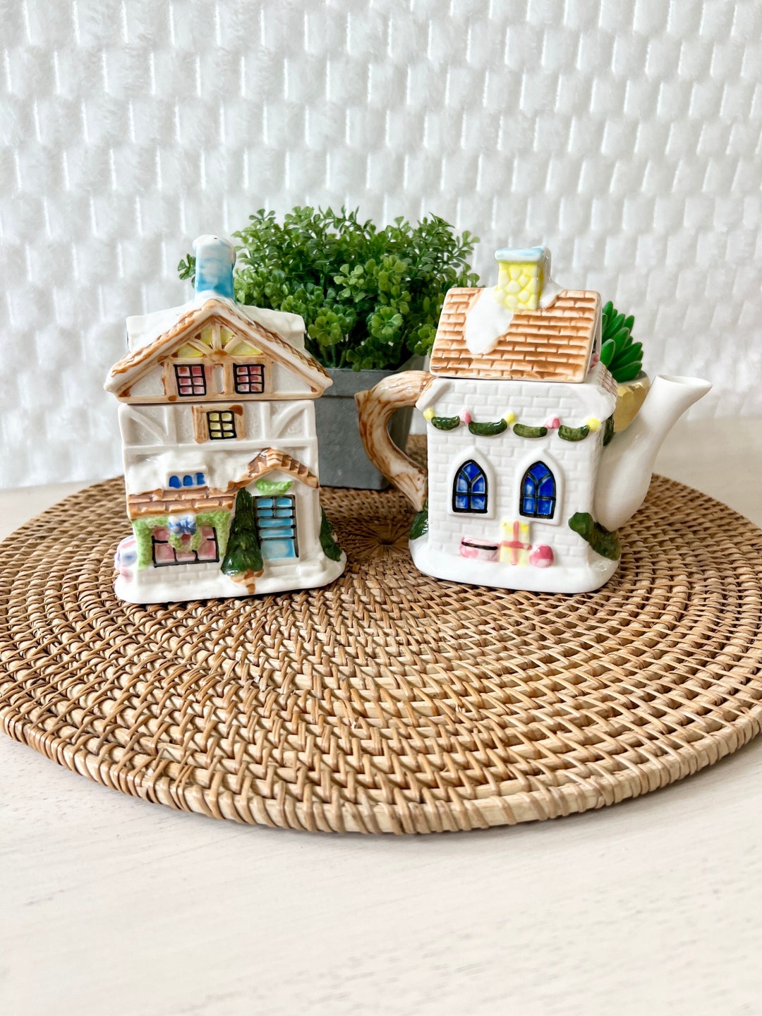 Vintage Teapot and Lidded Sugar Bowl Ceramic Country Church & Parsonage ...