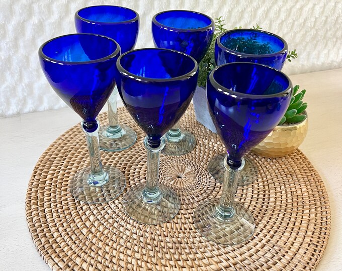 Handblown Mexican Glass Cobalt Blue Wine Glasses Clear Stem Bubbles ...