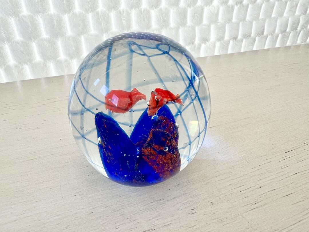 Glass Art Heavy Paperweight Clear Blue Controlled Bubbles Fish ...