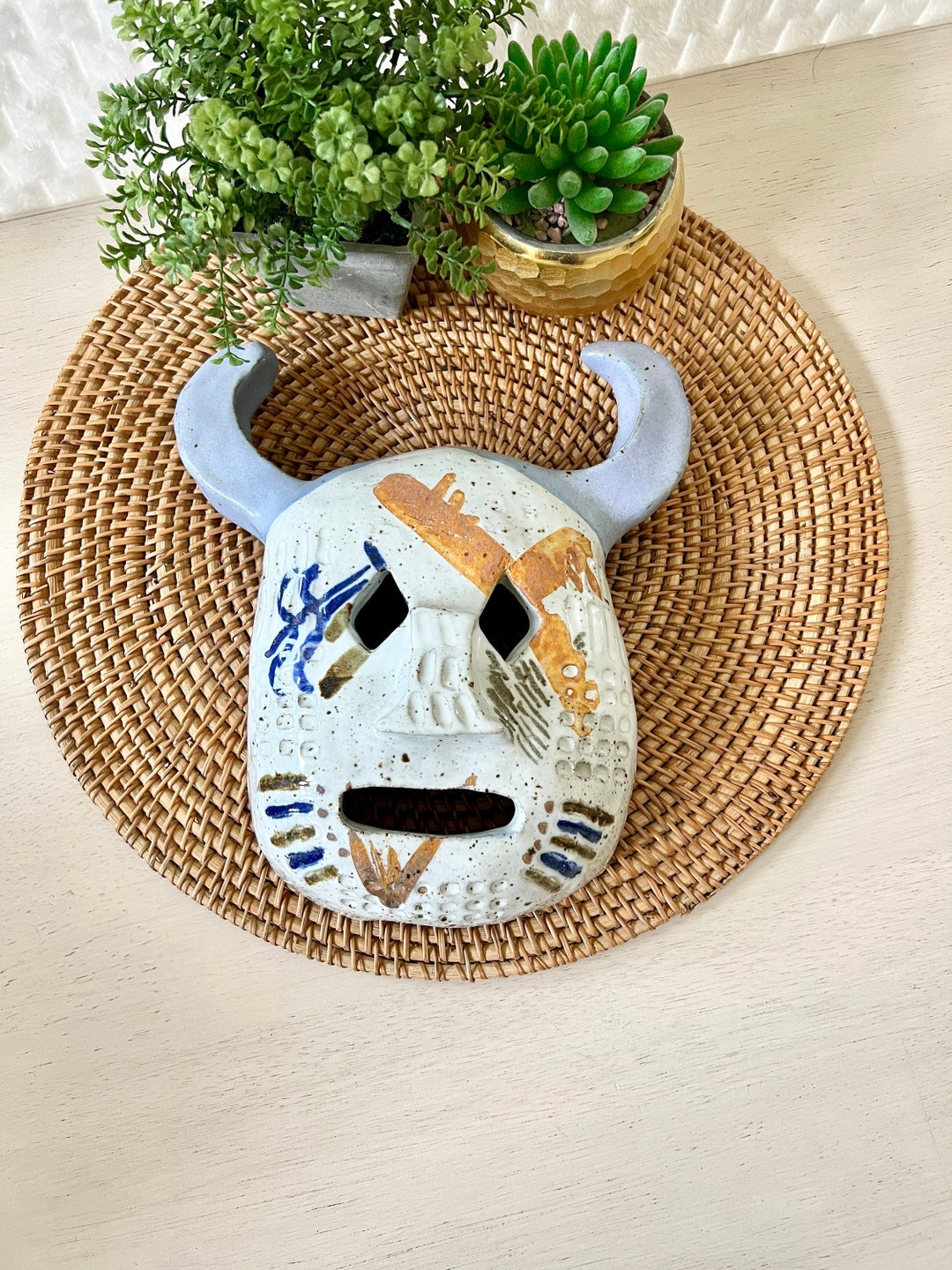Heavy Handmade Painted Ceramic Pottery Tribal Mask - Home Decor Piece ...