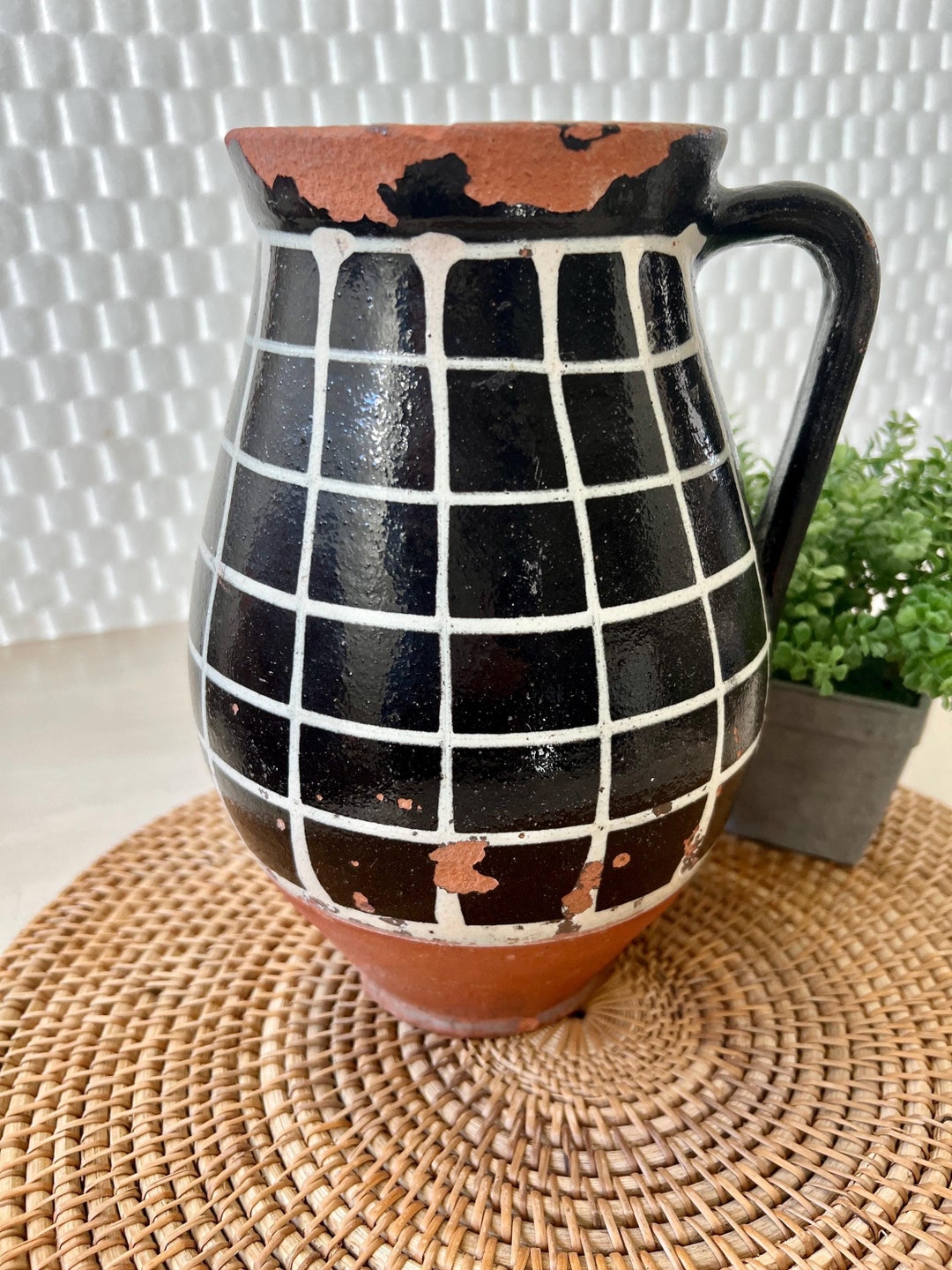 Geometric Lattice Terracotta Décor With Contrasting Glaze Hand Painted ...