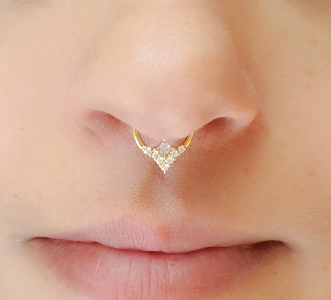 Chevron Septum Ring - CZ 16g Nose Ring - Diamonds Nose Triangle Hoop ...
