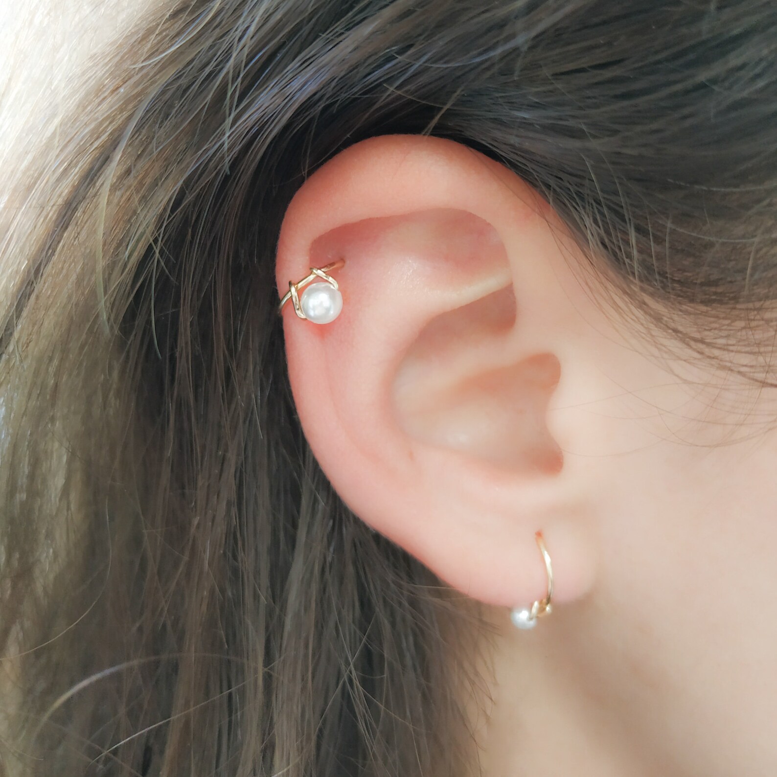 Pearl Helix Earring - Pearl Cartilage Piercing - Pearl Hoop Piercing ...