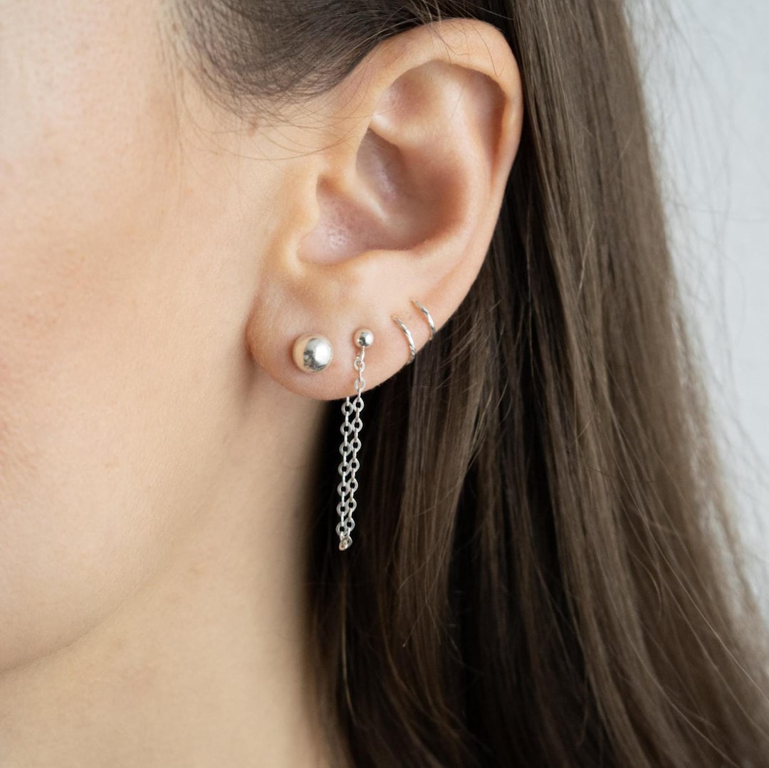 Long Drop Chain Stud Earrings in Sterling Silver or 14k Gold Filled ...