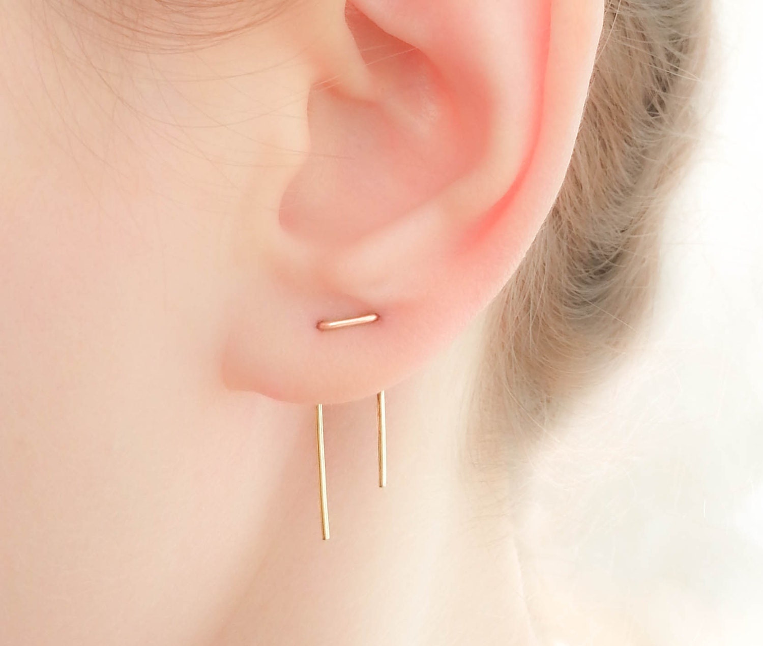 Double Piercing Earrings-threader Earrings-double Lobe - Etsy