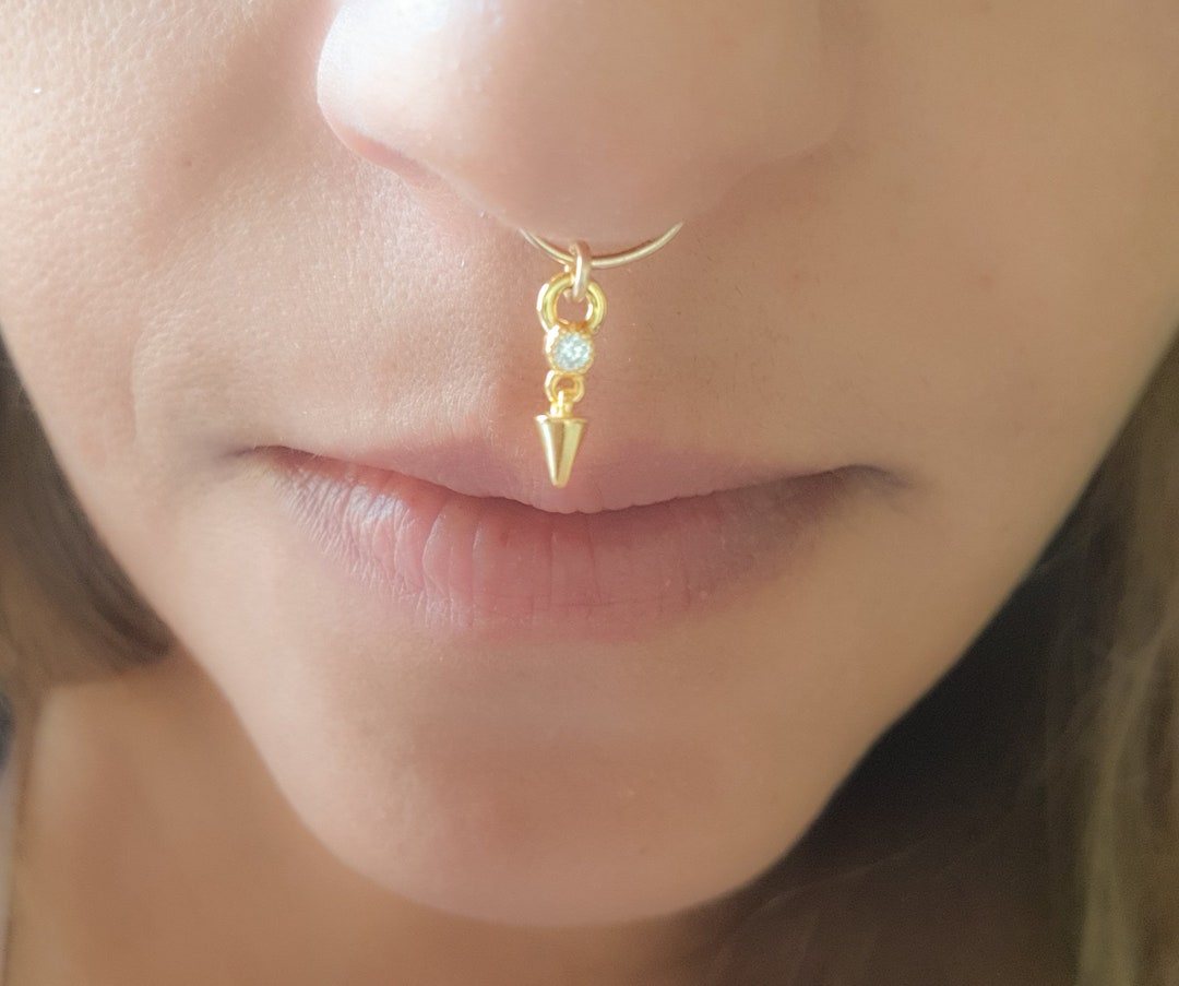 Dangling Septum Piercing Dangling Diamond Cone Septum Gold Cartilage ...