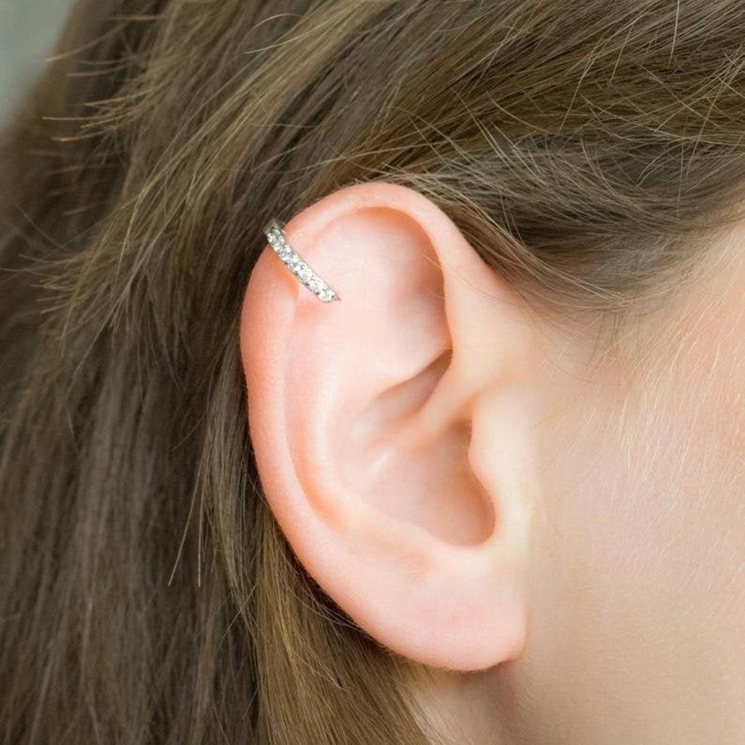 Helix Earring , Silver Helix Cartilage Earring, CZ Tiny Diamonds Rose Gold Helix Hoop, CZ ...