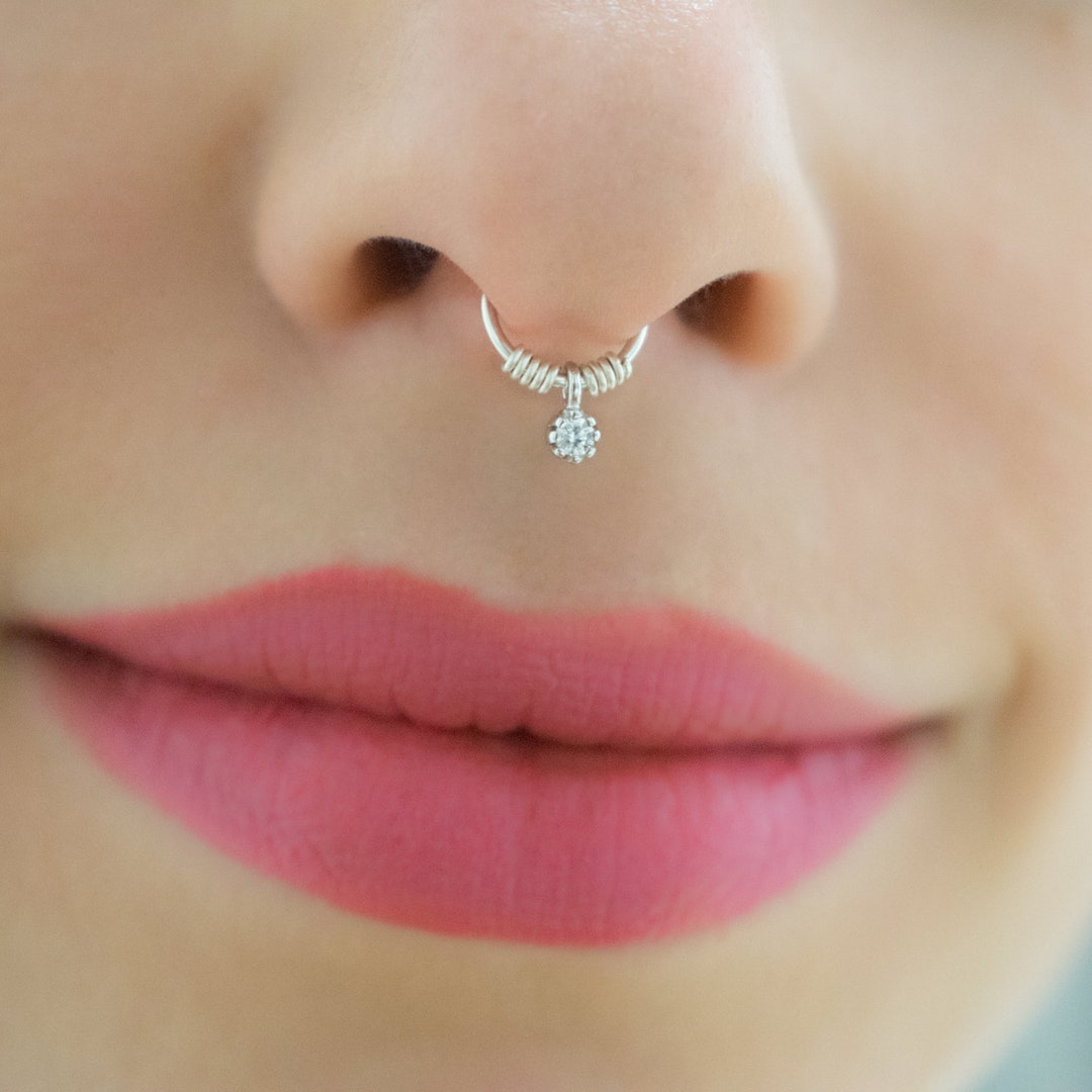 Septum Ring - Thin Septum Hoop - Dangle Diamond Septum - Septum Jewelry ...