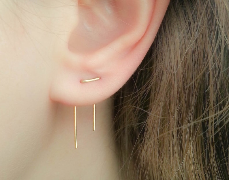 Double Piercing Earrings-threader Earrings-double Lobe - Etsy