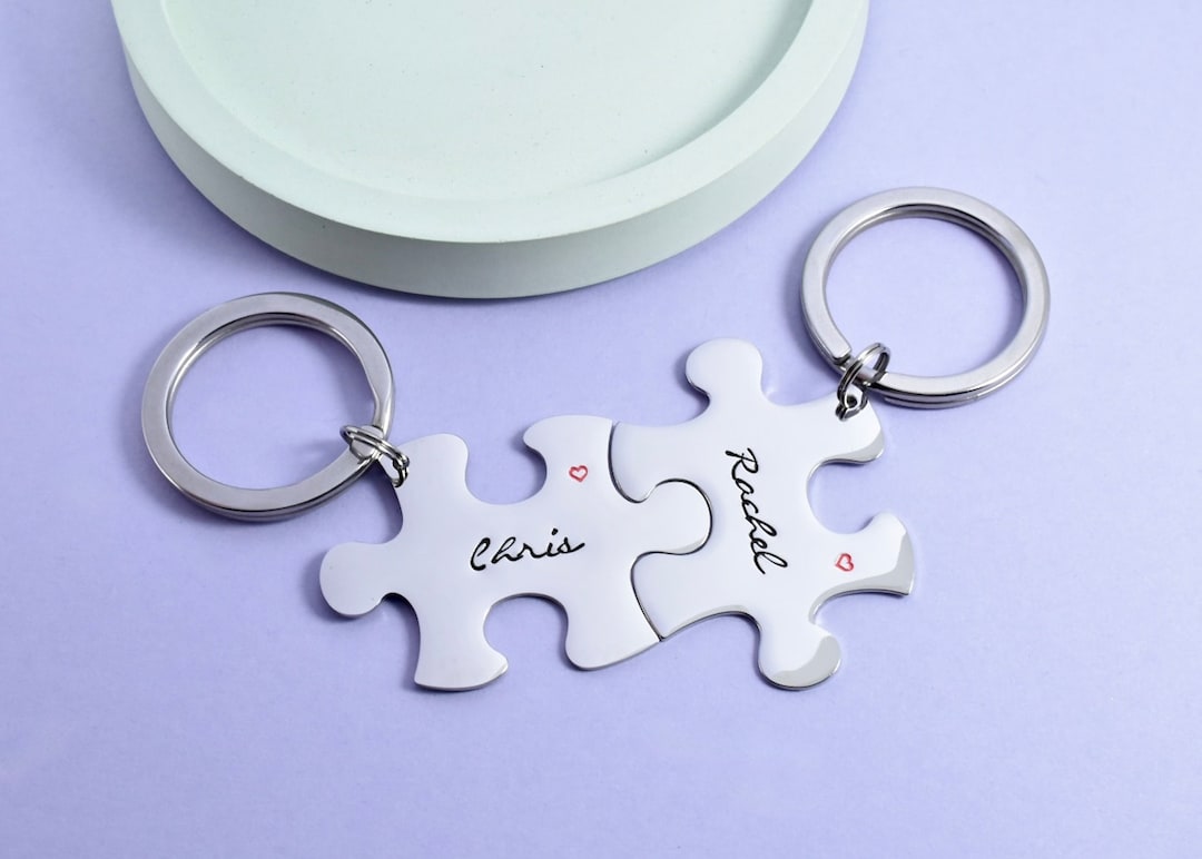 Personalised Gift for Couple • Interlocking Steel Puzzle Keyring Set ...