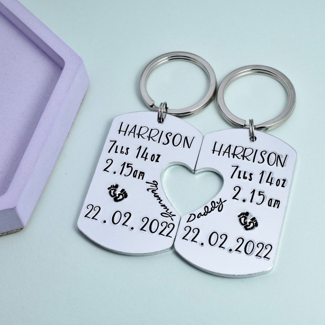 Personalised New Baby Keyring Set for Mummy and Daddy Baby's Birth ...
