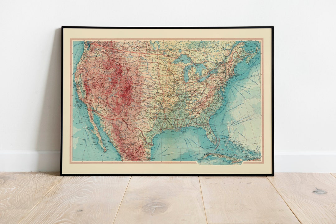 Geographical Map of United States| Map Wall Decor| Vintage Map Wall Art ...