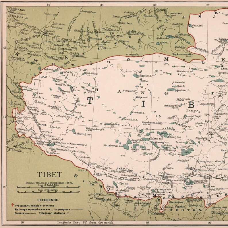 1908 Map Poster of Tibet Vintage Tibet Map Wall Print Tibet | Etsy