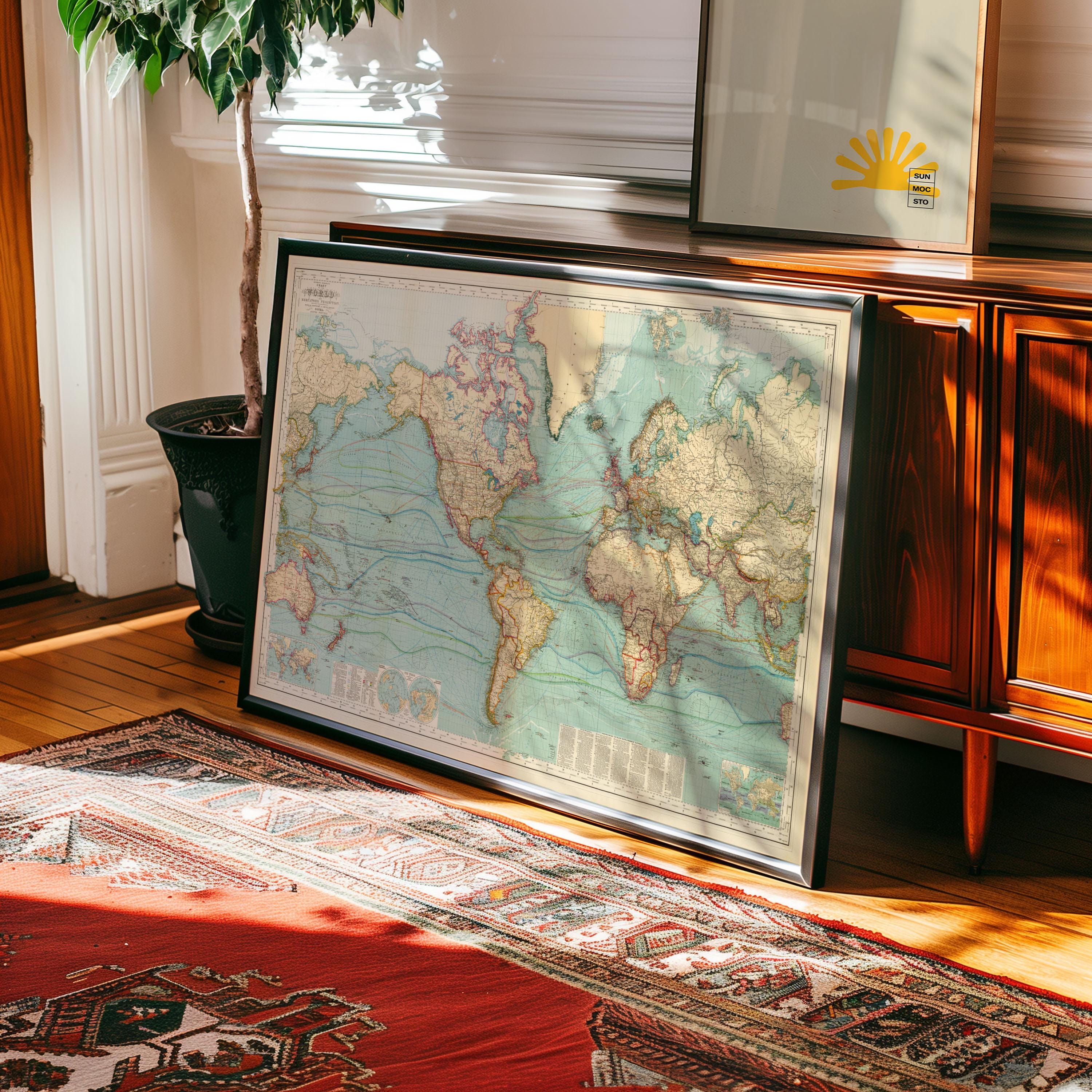 Mercator Projection World Map: Vintage Style Framed Poster or Canvas ...