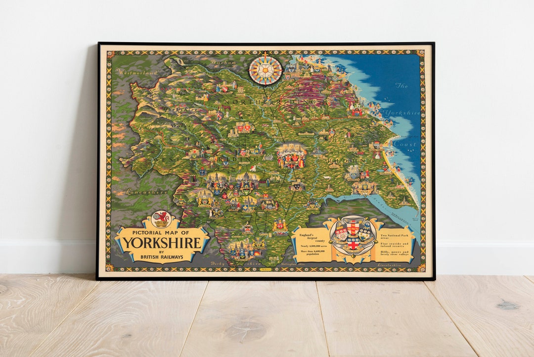 Map of Yorkshire Yorkshire Map Wall Art Canvas Print Wall Decor Vintage ...
