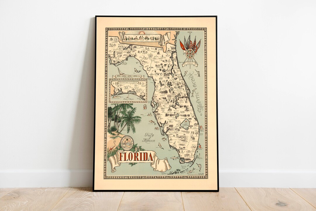 Vintage Florida Map Poster: Pictorial Wall Art Print - Etsy