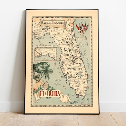 Florida Illustrated State Map Wall Art Print Nursery Decor | Etsy