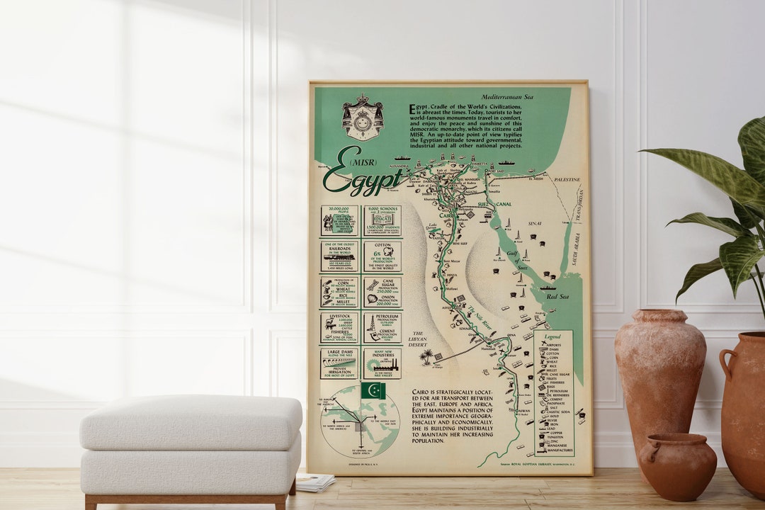 Egypt Map Print| Art History| 1949 Egypt Map Wall Art| Framed Wall Art ...