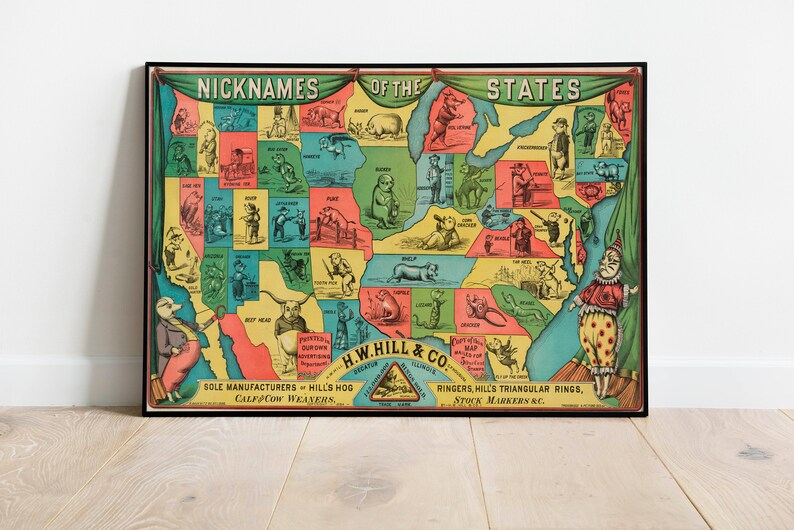Old United States Map Nicknames of States Cartoon Map US | Etsy