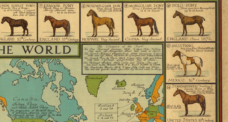 Horse Map of the World Horse Art Old Maps Horses Chart Map | Etsy