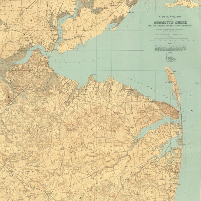 Topographical Map of Monmouth Shore New Jersey Map Print | Etsy