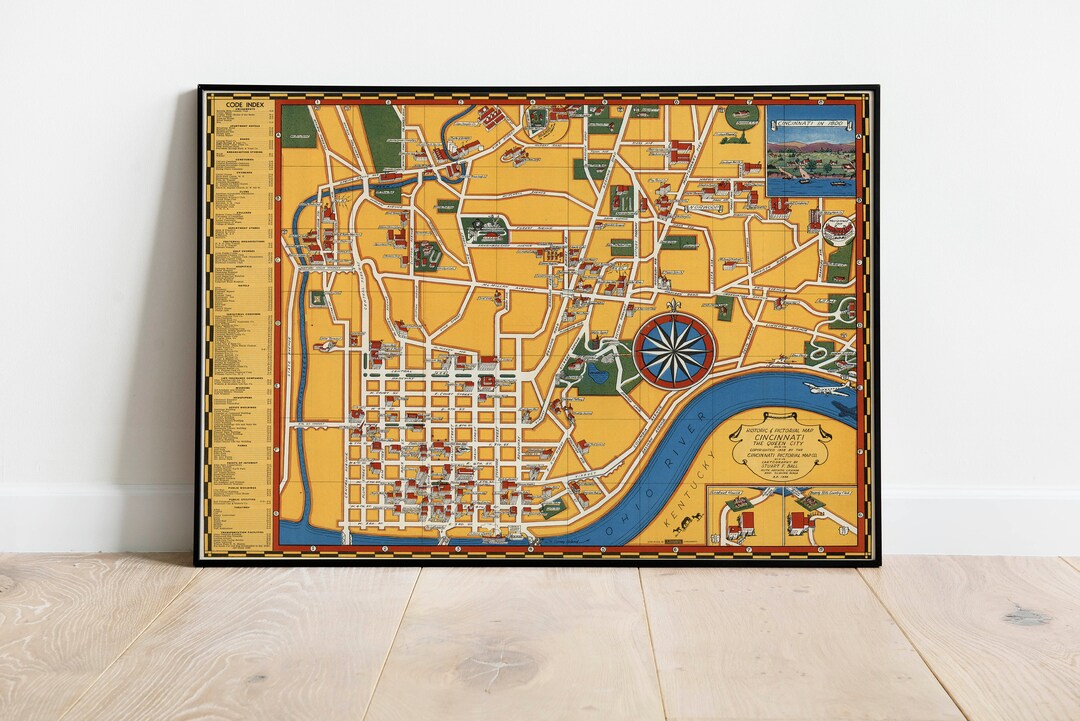 Cincinnati Map Wall Print| Framed Map Wall Decor| 1938 Cincinnati Map ...