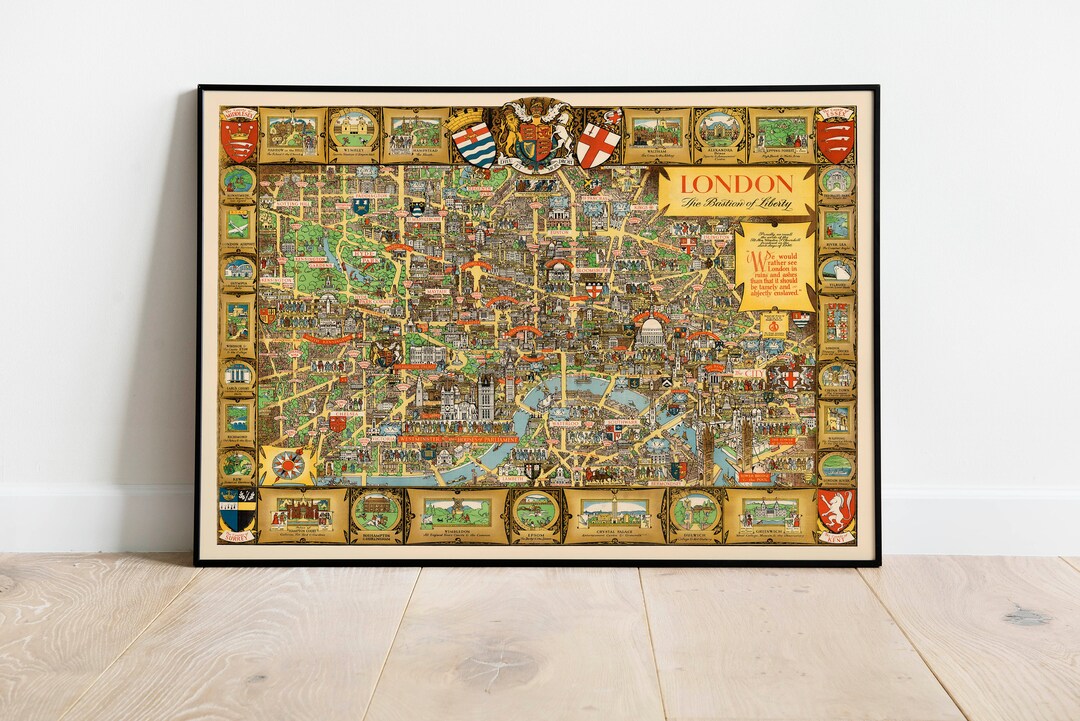 Detailed Pictorial Street Map of London| Vintage Map Wall Print| London ...