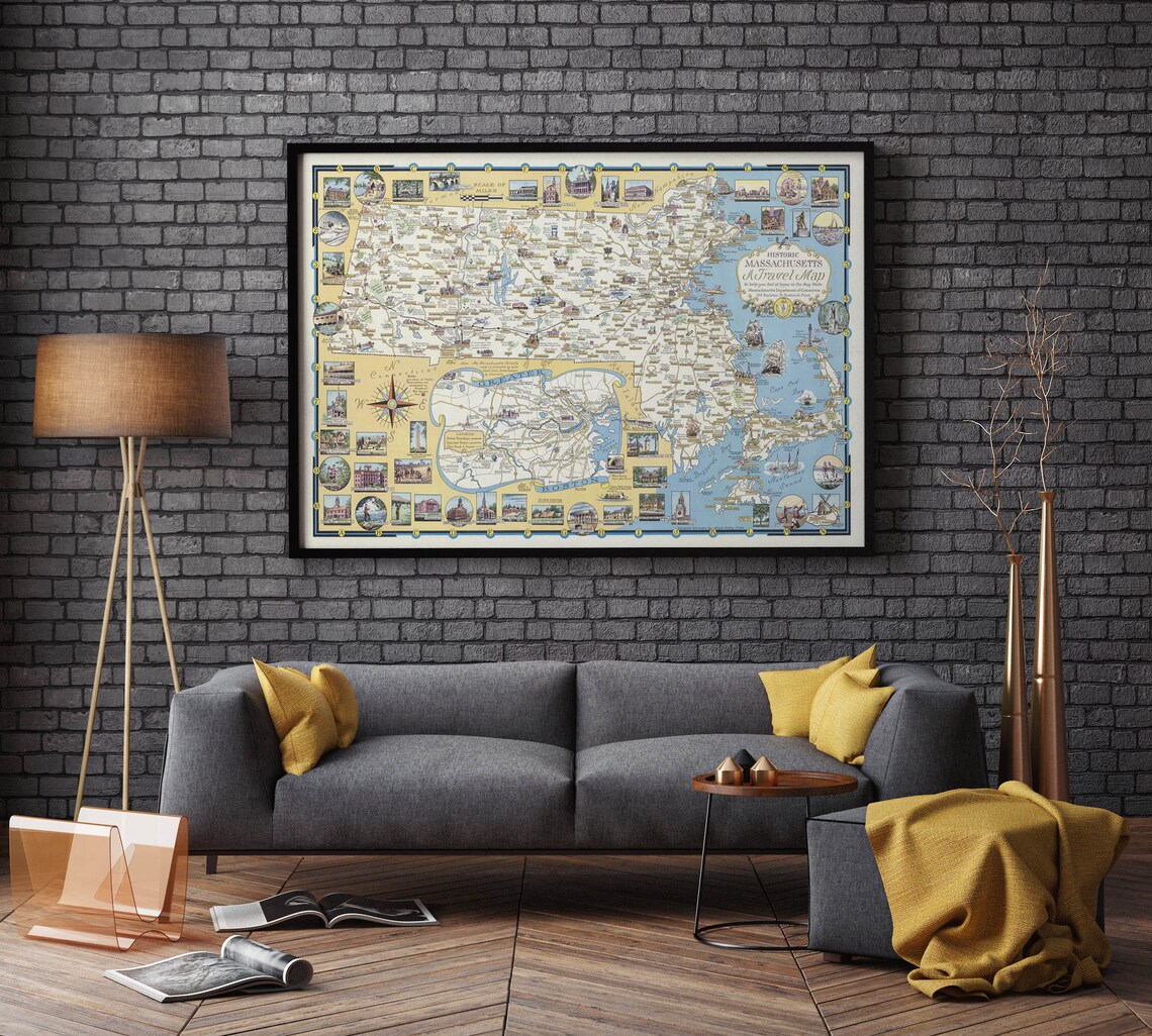 Massachusetts Poster Massachusetts Map Canvas Wall Art | Etsy